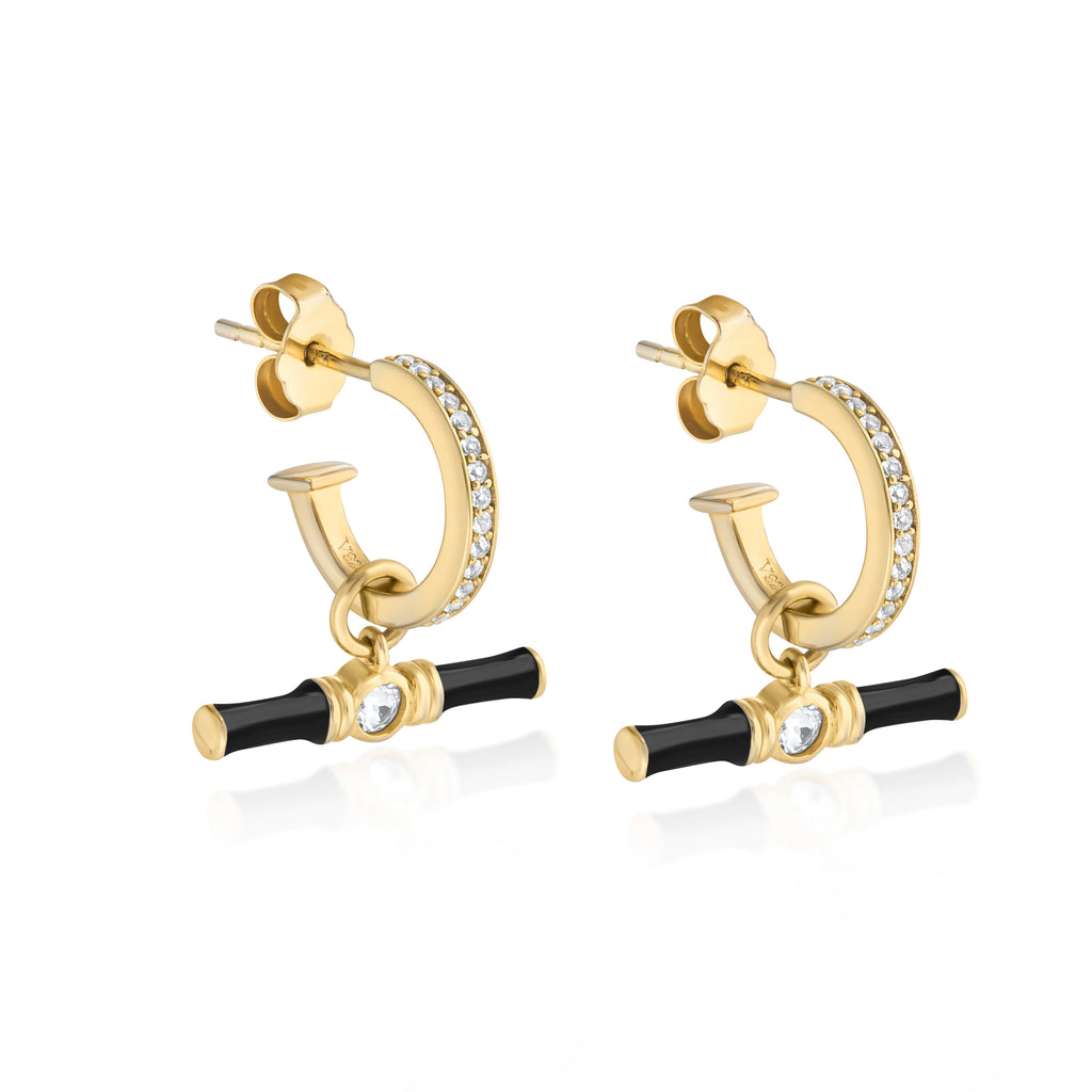 Dyllan White Topaz Gold Hoop Earrings + Black Enamel T-Bar Charms ...