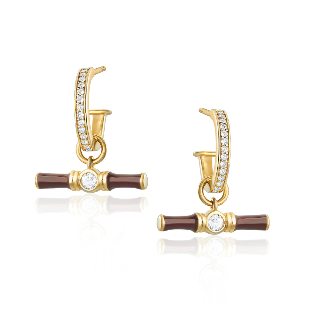 Dyllan White Topaz Gold Hoop Earrings + Brown Enamel T-Bar Charms ...
